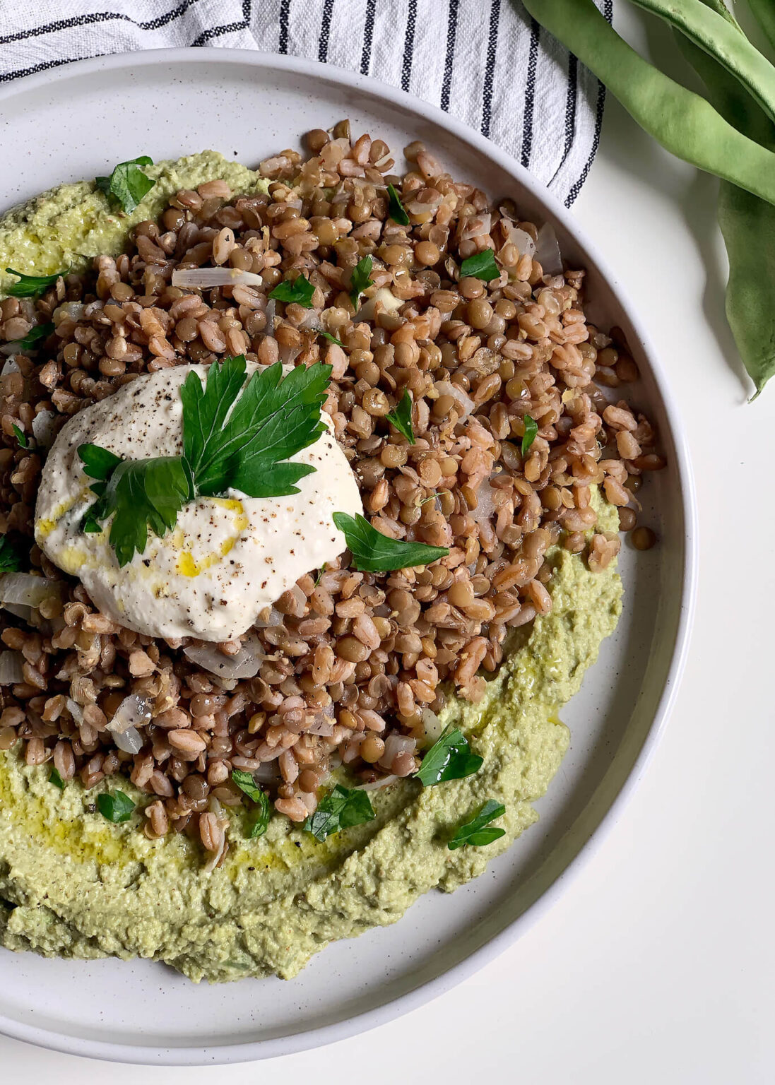 Farro e lenticchie su crema di fagiolini corallo - Healthy Barta